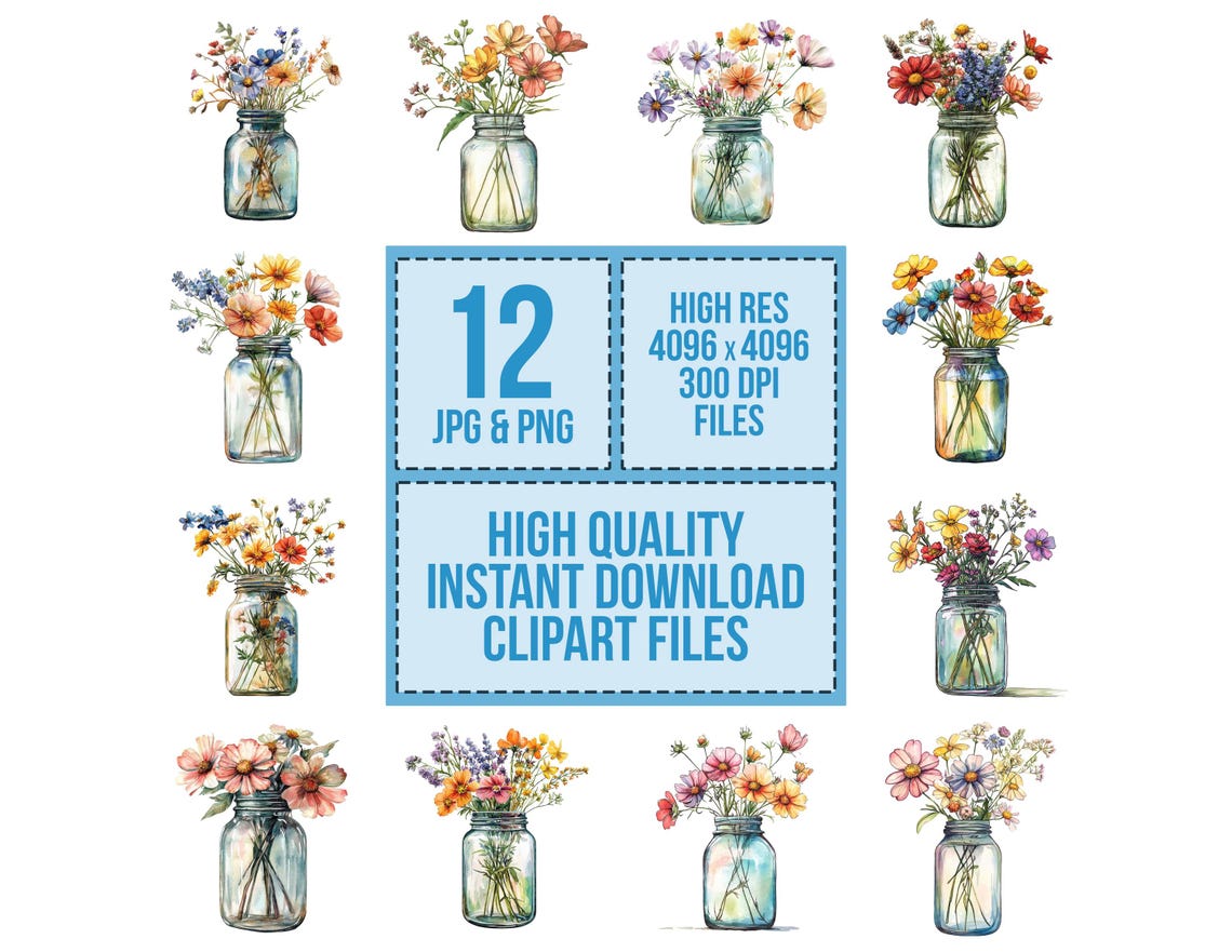 Mason Jar Flowers PNG Clipart, 12x Rustic Floral Illustration ...