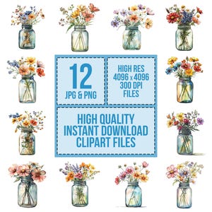 Mason Jar Flowers PNG Clipart, 12x Rustic Floral Illustration ...