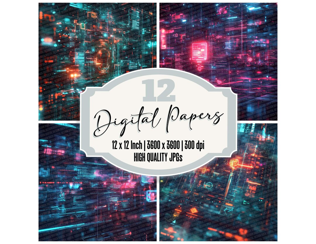 12x Cyberpunk Junk Journal Paper Shattered Holo Grid Digital Paper Pack ...