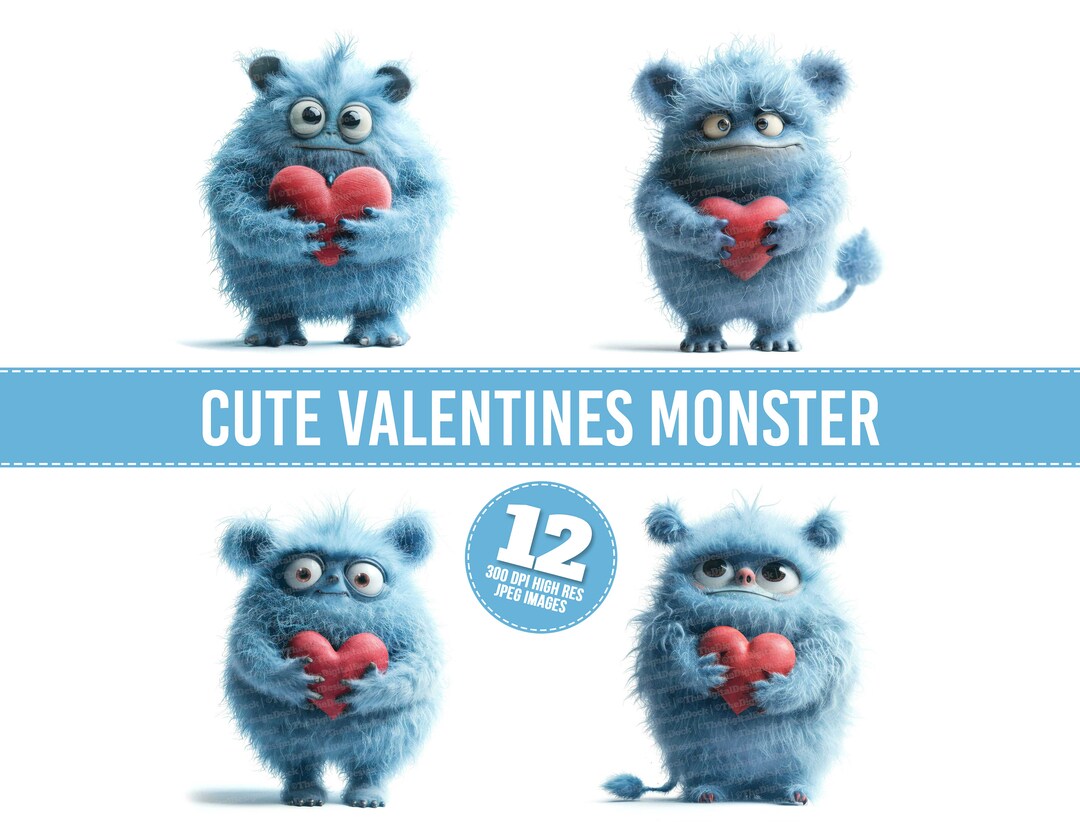 Cute Valentine Monster Clipart, 12 Jpgs, Monster Holding Heart ...