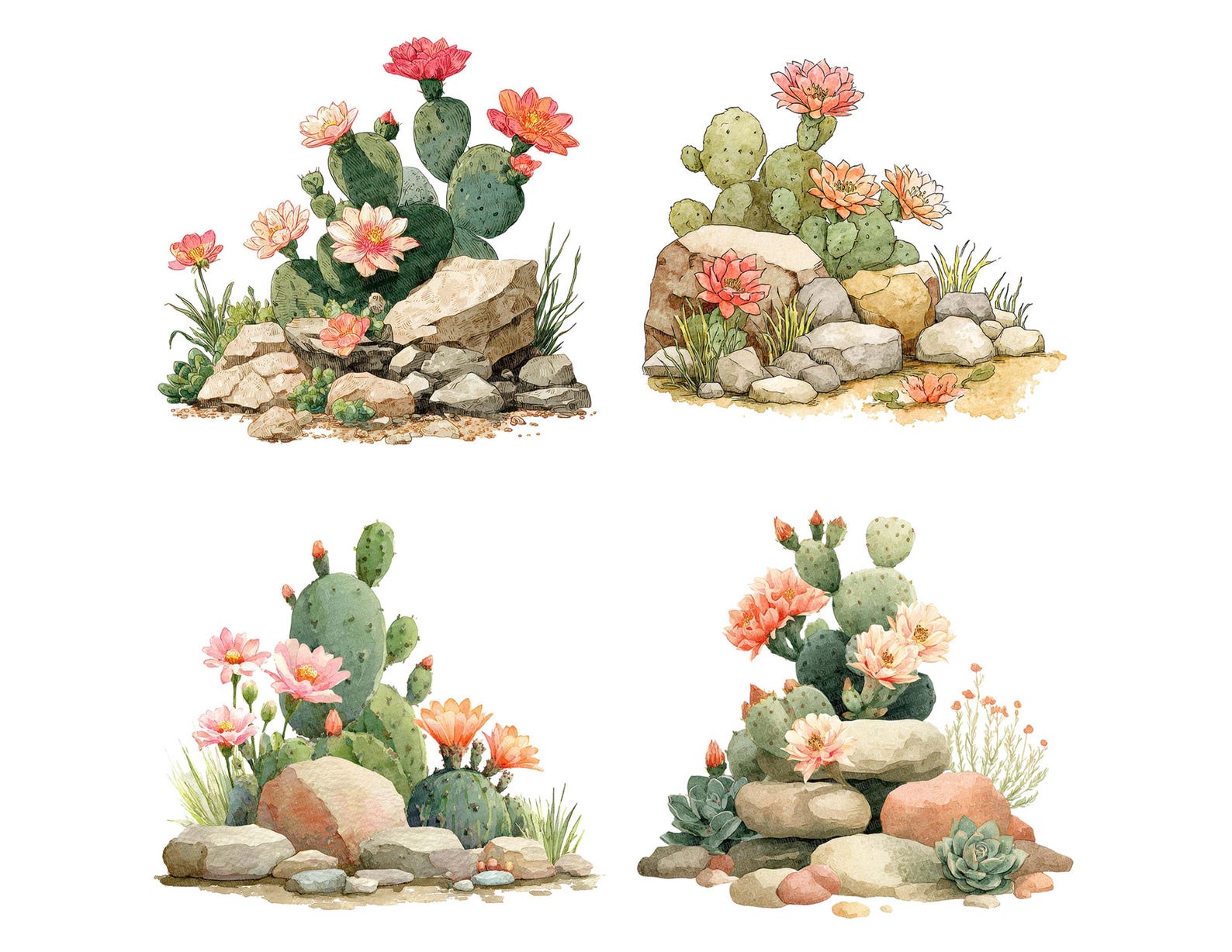 Cactus and Desert Flower Rockery PNG Art, 12x Southwestern Succulent ...