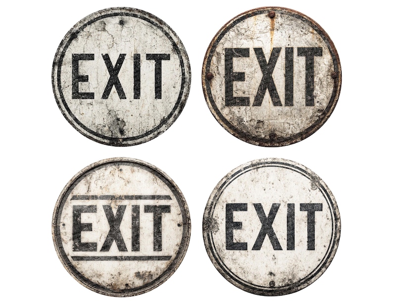 Vintage Exit Sign PNG Clipart, 12x Retro Round Exit Sign Clip Art Set ...