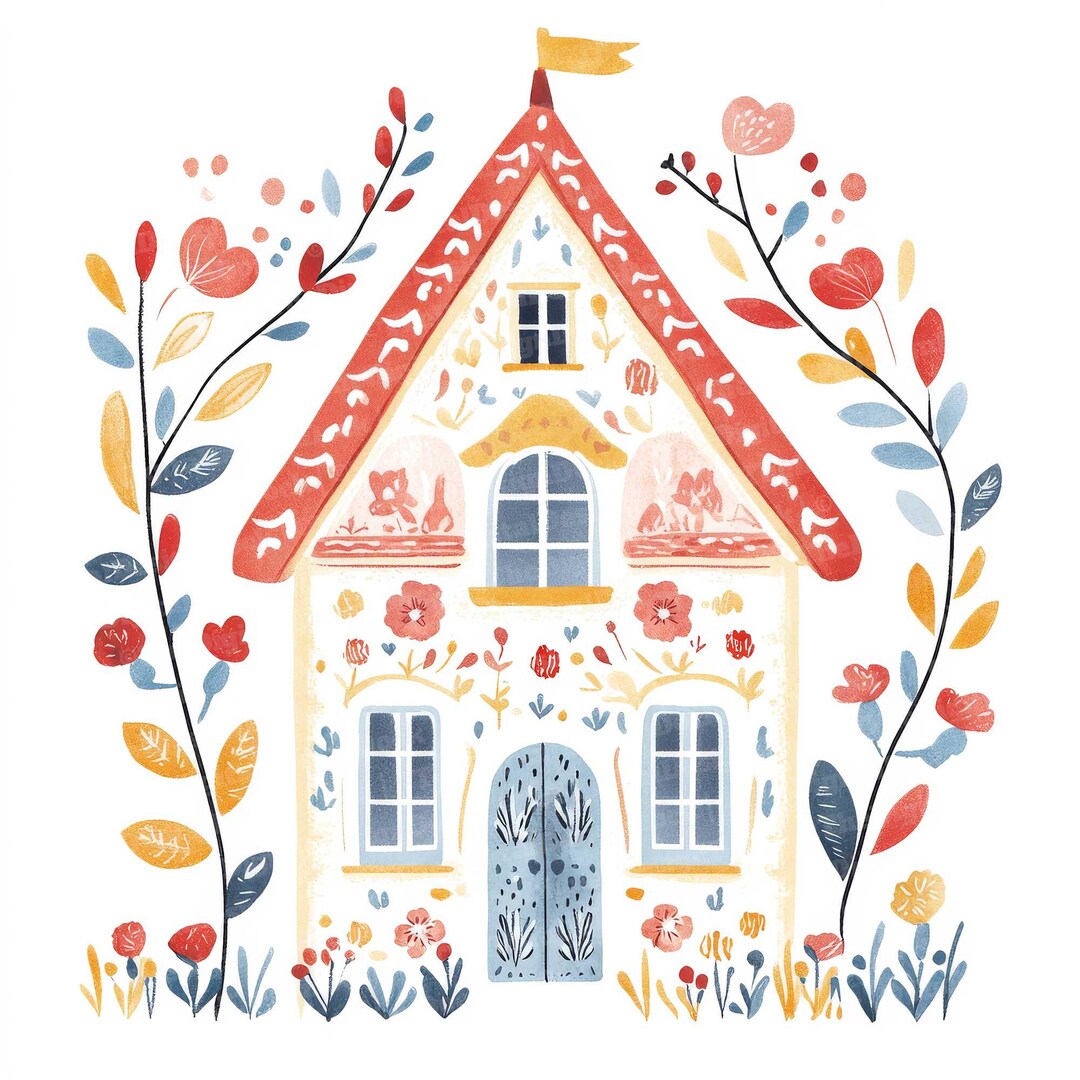 Folk Art House Clip Art, 12x House Clipart Set, Watercolor Cottage Clip ...