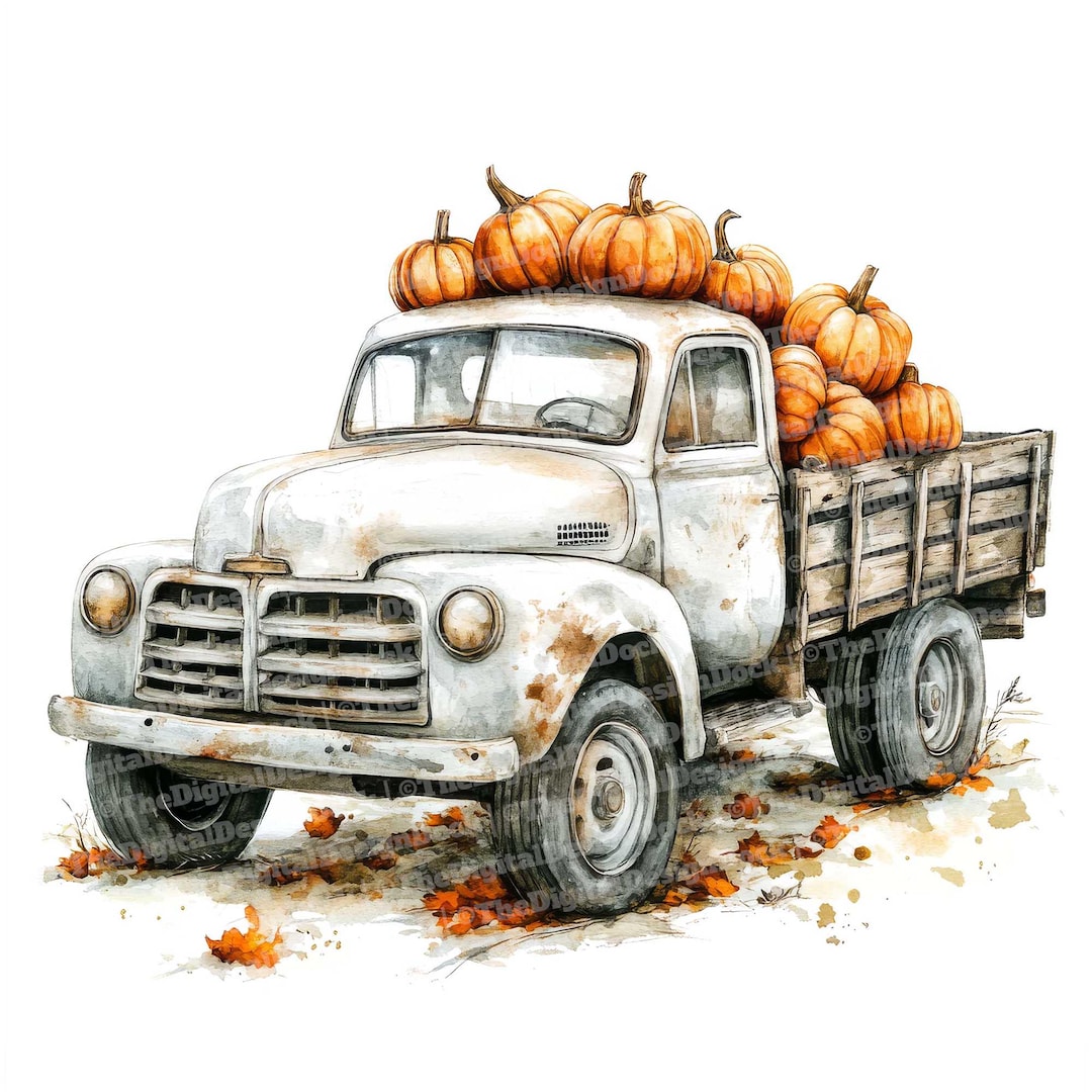 Pumpkin Truck Clip Art, 12x Watercolor Vintage Truck Pumpkins Harvest ...