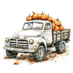 Pumpkin Truck Clip Art, 12x Watercolor Vintage Truck Pumpkins Harvest ...