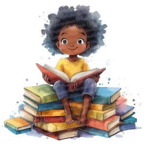 12x Child Reading Clipart, Watercolor Vintage School Reading Boy Girl ...