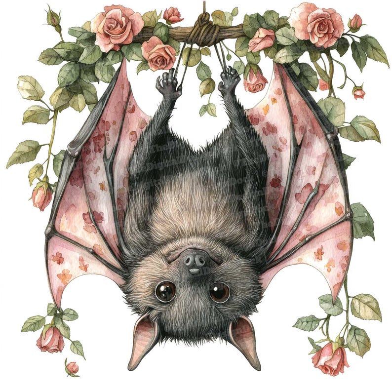 12x Bat Clipart, Hanging Bat With Flowers, Printable Floral Watercolor ...