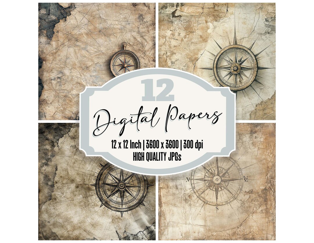 12x Nautical Compass Junk Journal Paper, Vintage Map Digital Paper Pack ...