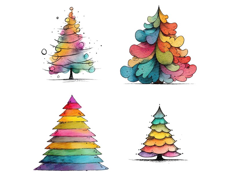 Rainbow Christmas Tree PNG Clipart, 12x Hand Drawn Holiday Clip Art Set ...