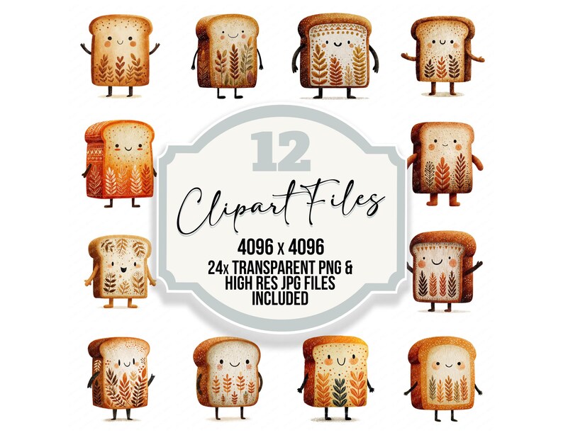 Bread Slice Clipart, 12x Folk Art Bread Characters Art Set, Printable ...