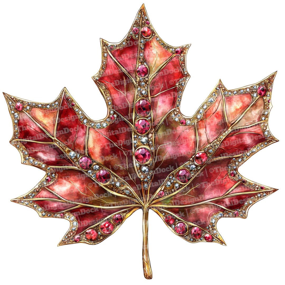Jeweled Maple Leaf Clip Art, 12x Watercolor Leaf With Gems Clipart Set ...