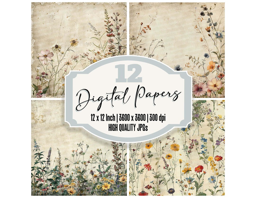 12x Wildflower Field Junk Journal Paper, Vintage Floral Digital Paper ...