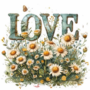 12x Floral Love Sign Clipart, Daisies Flowers Clipart, Printable ...