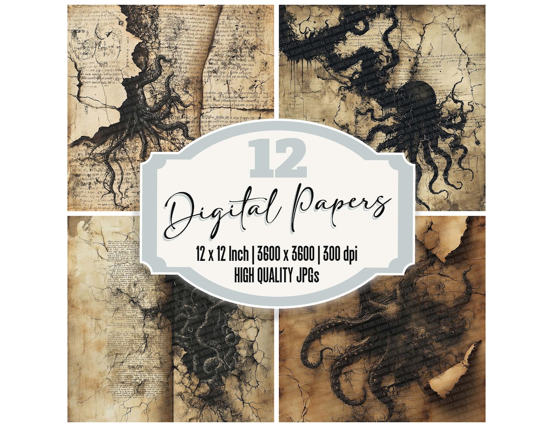 12x Eroded Lovecraftian Manuscripts Junk Journal Paper, Dark Digital ...