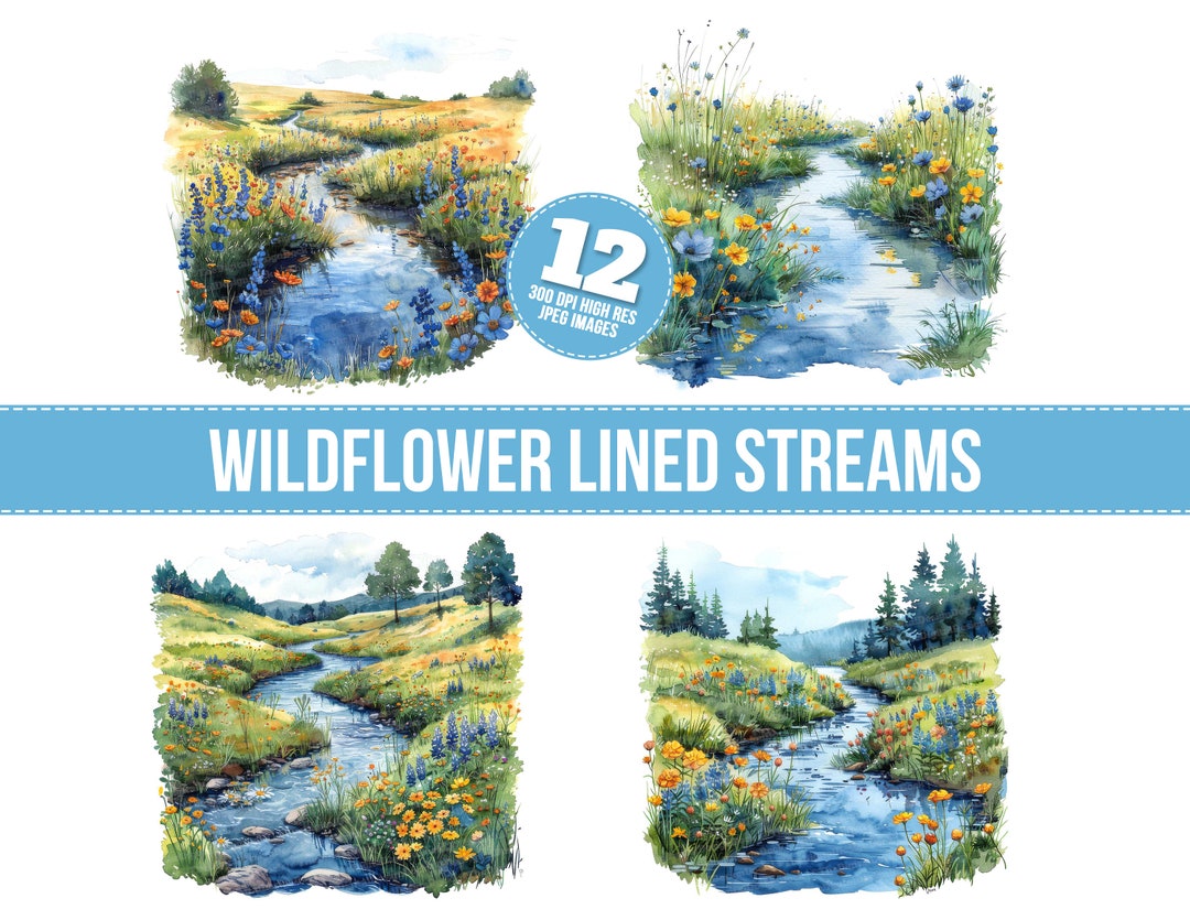 Floral Stream Clipart, 12 Jpgs, Watercolor Images, Printable Image ...