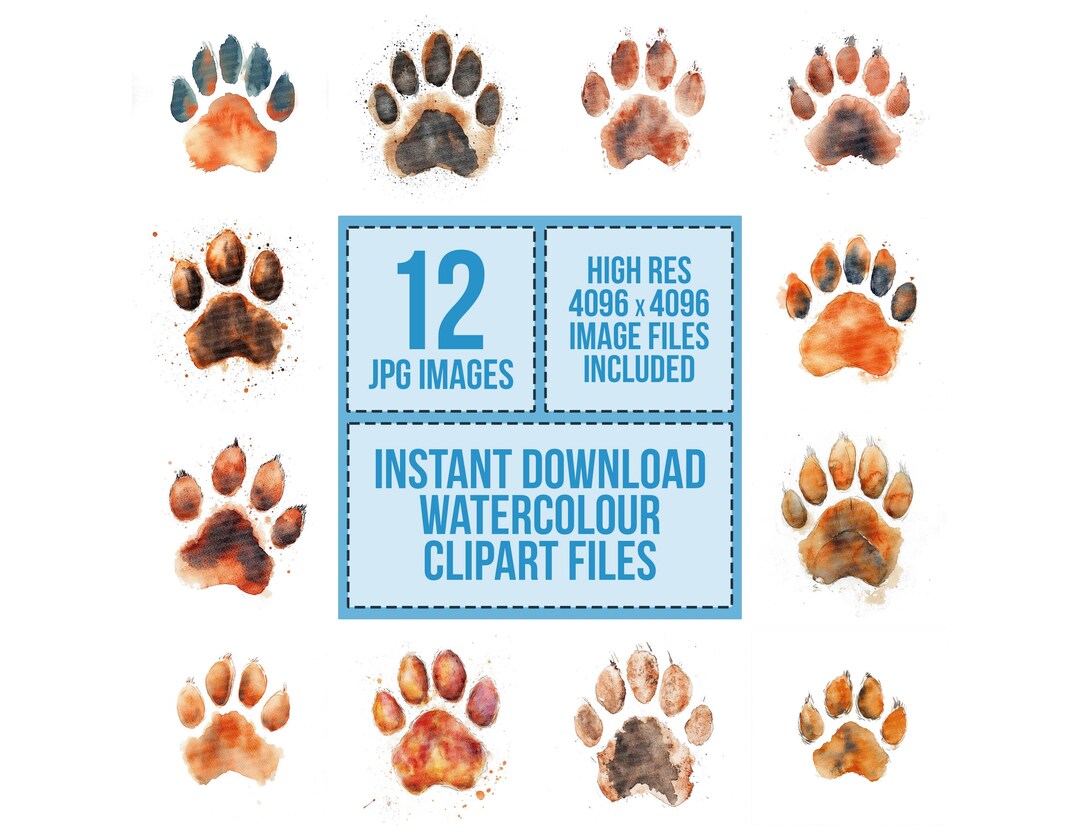 12 Animal Paw Print Clipart, Watercolor Pet Paw Prints, Printable ...