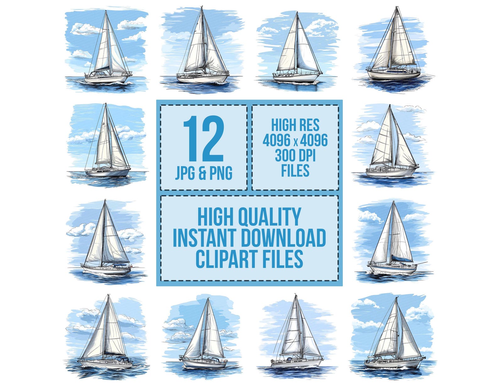 Sailboat PNG Clipart, 12x Nautical Ocean Clip Art Set, Printable ...