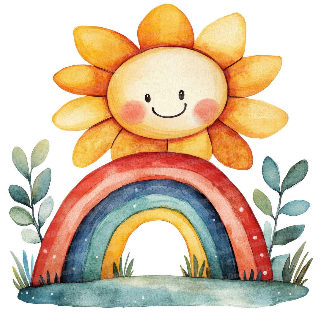 12 Boho Sun and Rainbow Clipart, Watercolor Cute Rainbow Art, Printable ...