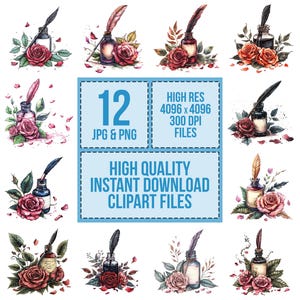 12x Feather Quill PNG Clipart, Ink Bottle With Roses Clip Art Set ...