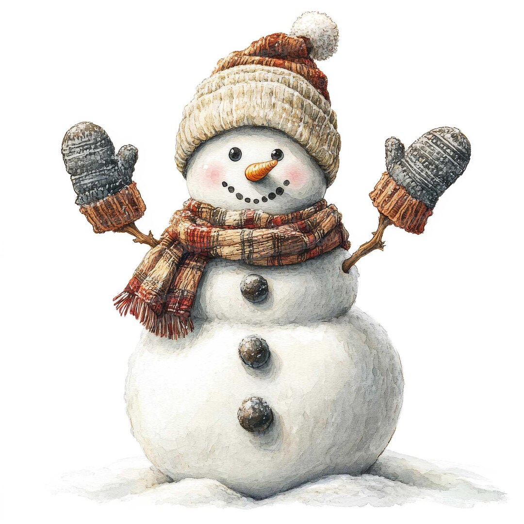 12 Snowman Clipart, Hyperrealistic Watercolor Winter Snowman, Printable ...