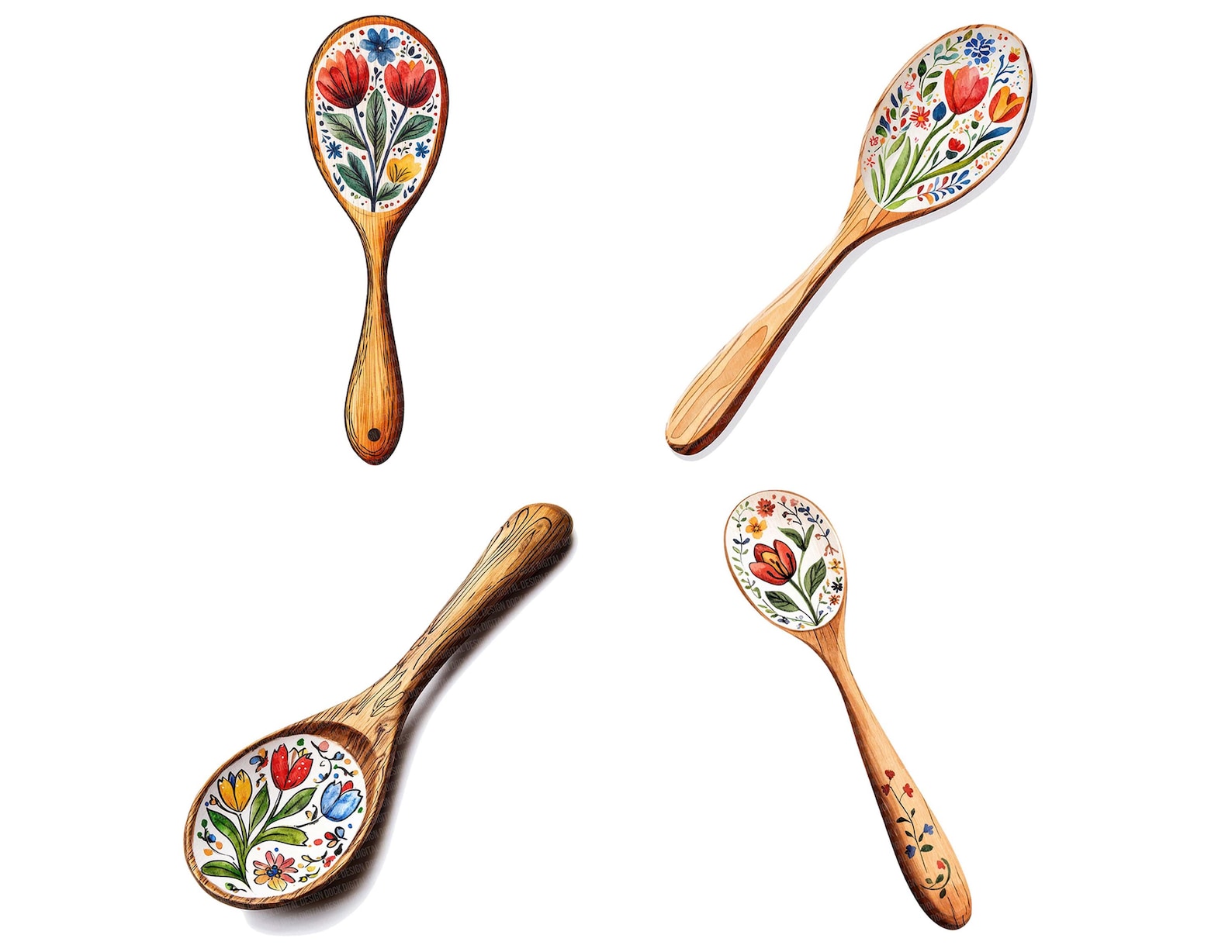 Folk Floral Spoon Clipart, 12x Hand-painted Floral Spoons Clip Art Set ...
