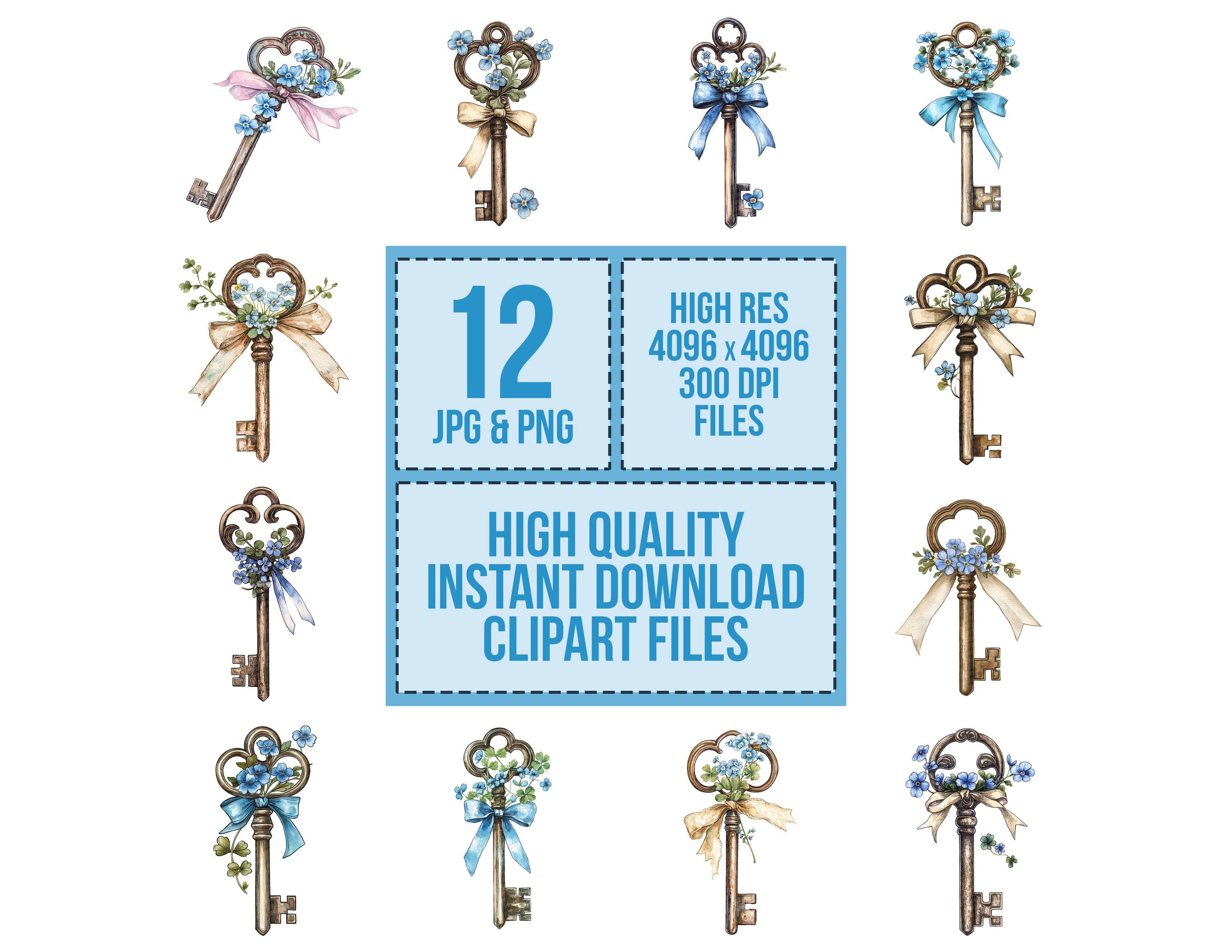 12x Ornate Key PNG Clipart, Antique Key With Flowers Clip Art Set ...
