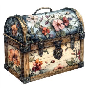 12 Floral Treasure Chest Clipart, Watercolor Vintage Chest Illustration ...
