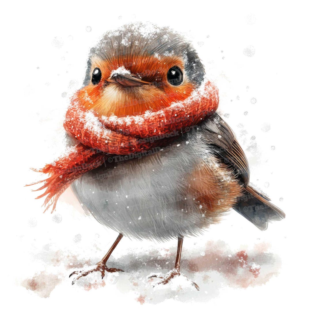 12 Winter Bird Clipart, Watercolor Robin in Scarf, Printable Watercolor ...