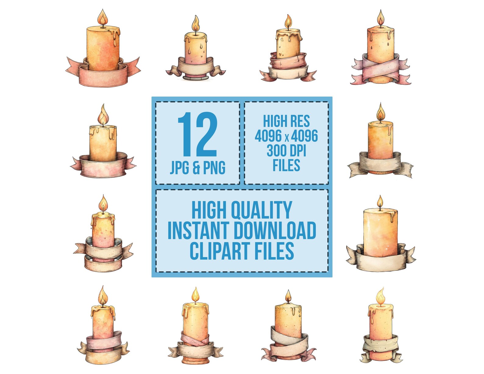 Candle PNG Clipart, 12x Watercolor Candle Clip Art Set, Vintage Candle ...