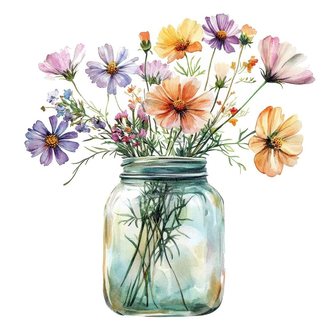 Mason Jar Flowers PNG Clipart, 12x Rustic Floral Illustration ...