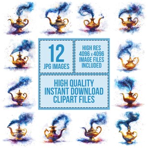 12x Fantasy Genie Lamp Clipart, Watercolor Magic Art, High Quality Jpgs ...