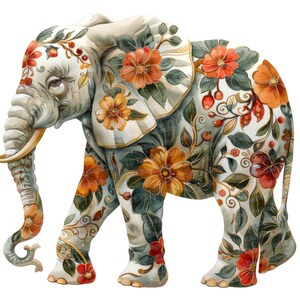 12 Floral Elephant Clipart, Boho Animal Clipart, Printable Watercolor ...