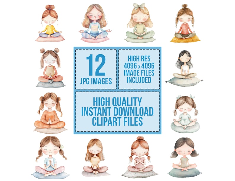 Meditation Girl Clip Art, 12x Yoga Kids Clipart Set, Printable ...