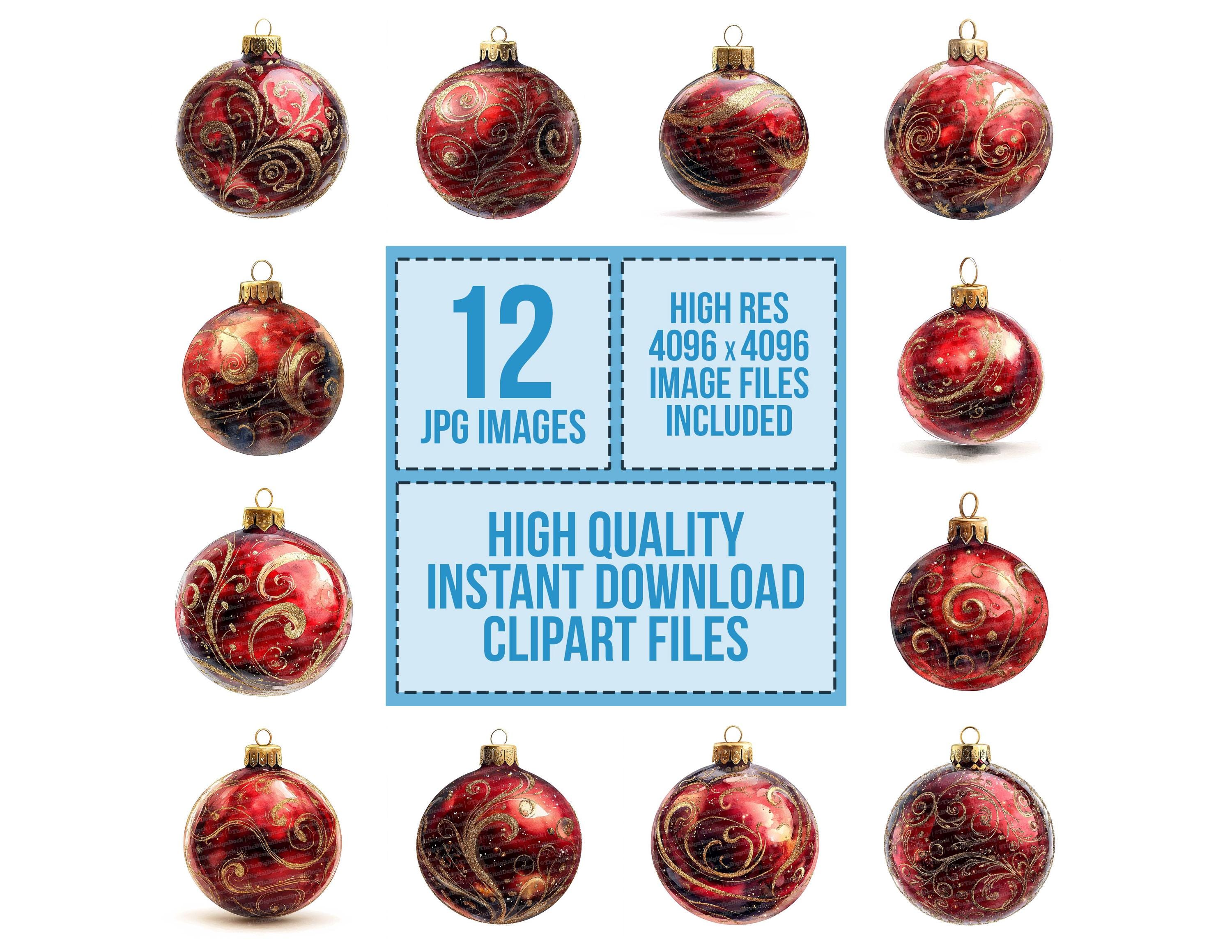 12 Red Christmas Ornament Clipart, Watercolor Baubles With Gold Swirls ...