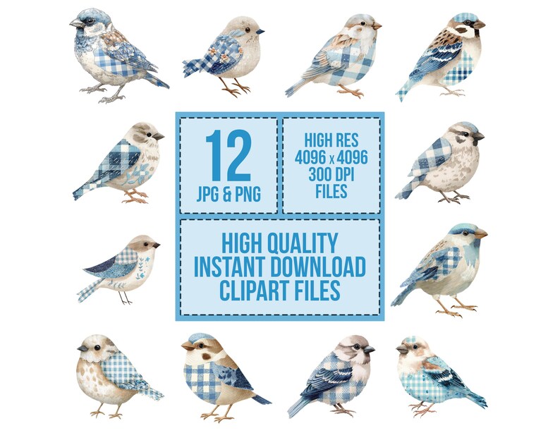 Sparrow PNG Clipart, 12x Gingham Fabric Birds Clip Art Set, Printable ...