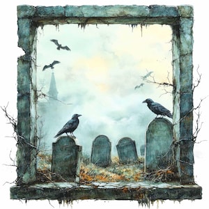 12x Gothic Cemetery Clipart, Haunted Graveyard Window, Printable ...