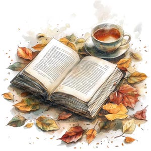 12 Cozy Autumn Book Clipart, Coffee and Fall Leaves, Printable ...