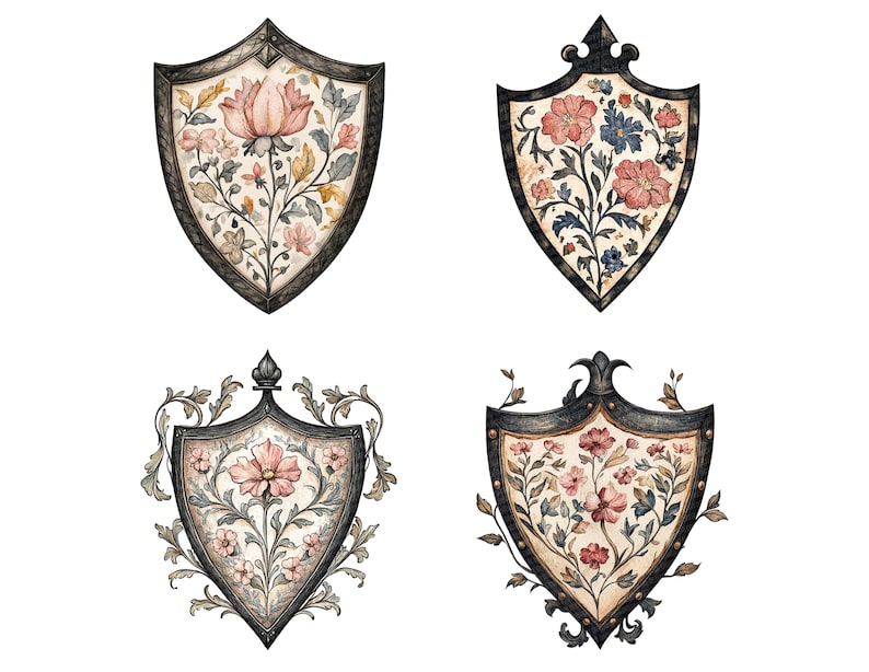 Floral Shield PNG Clipart, 12x Watercolor Heraldic Clip Art Set ...