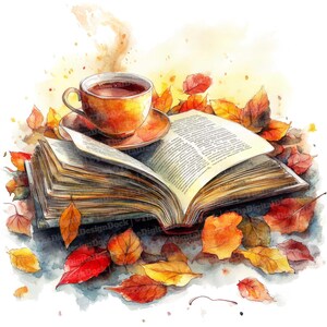 12 Cozy Autumn Book Clipart, Coffee and Fall Leaves, Printable ...