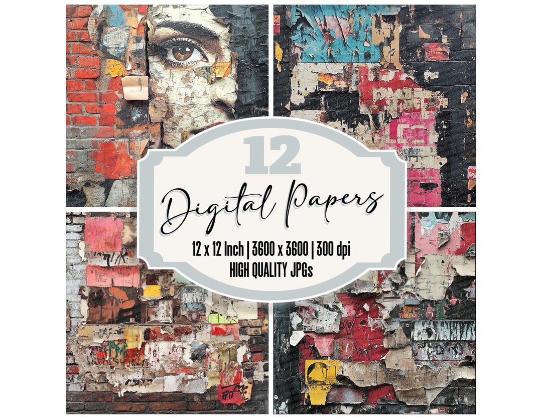 12x Crumbling Urban Graffiti Junk Journal Paper, Grunge Digital Paper ...