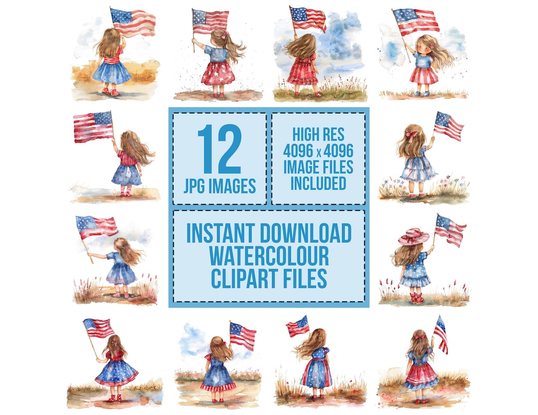 12 Patriotic Little Girl Clipart, Watercolor USA Flag Clipart ...