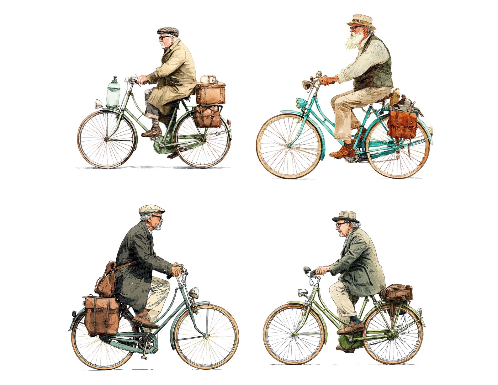 12x Old Man Riding Bicycle PNG Clipart, Vintage Cyclist Watercolor Clip ...