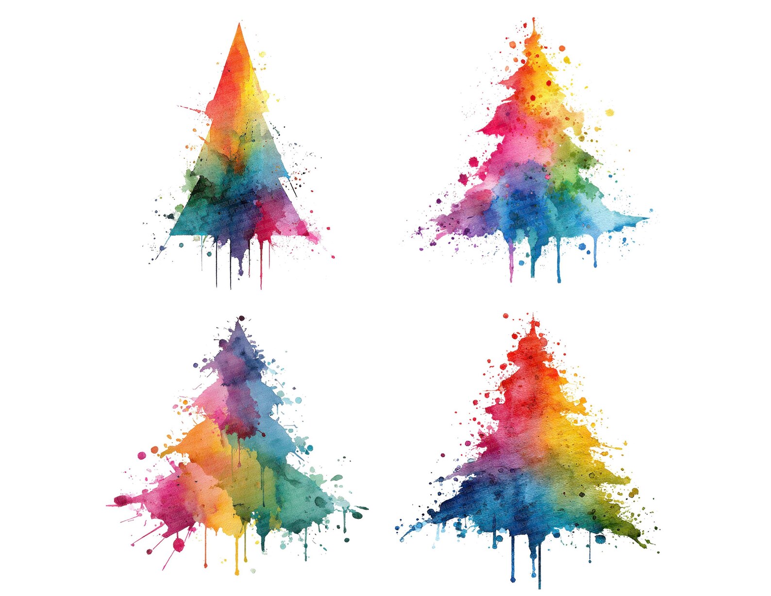 Rainbow Christmas Tree PNG Clipart, 12x Watercolor Splash Holiday Trees ...