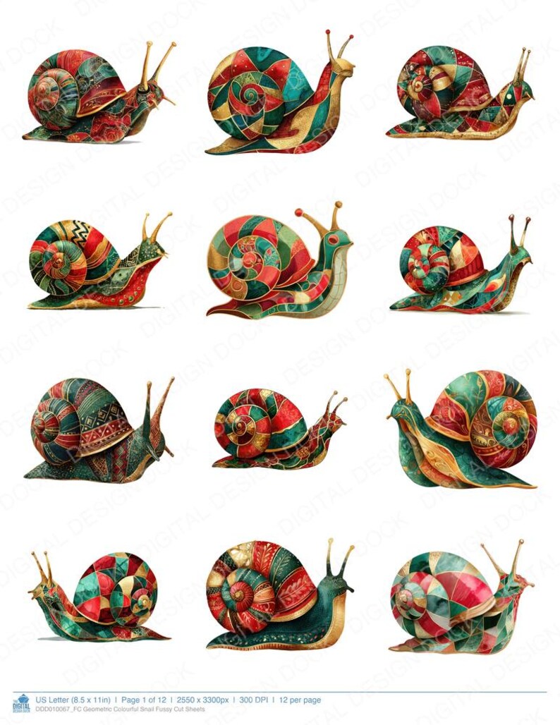 Geometric Colourful Snail Fussy Cut Sheets, 12x Printable Pages, Junk ...
