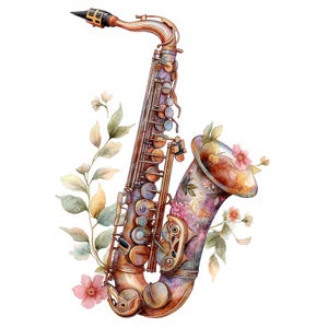 12x Floral Saxophone Clipart, Floral Music Clipart, Printable ...