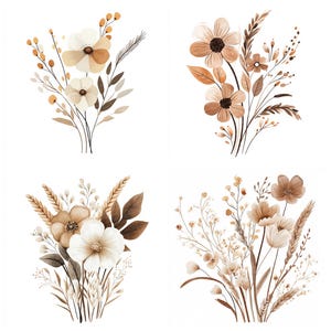 Boho Floral PNG Clip Art, 12x Neutral Flower Clipart Set, Watercolor ...