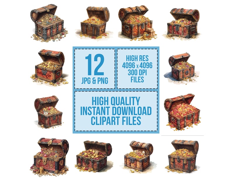 Pirate Treasure Chest PNG Clipart, 12x Gold and Gems Clip Art Set ...