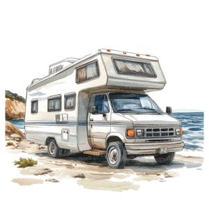 12 Camper Van Clipart, Watercolor RV on Beach, Summer Travel Clipart ...