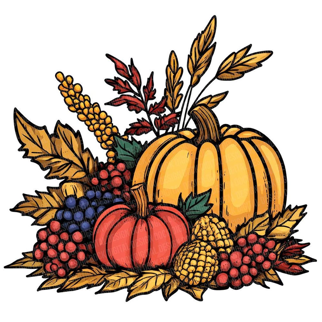 12 Autumn Harvest Clip Art Pngs, Pumpkin and Corn Illustrations ...