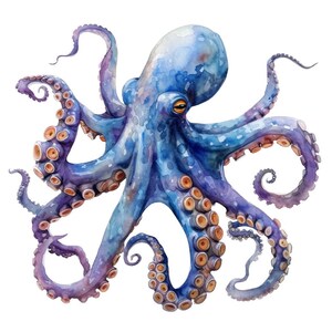 Octopus Clipart, 12x Watercolor Ocean Creature PNG Set, Printable Sea ...